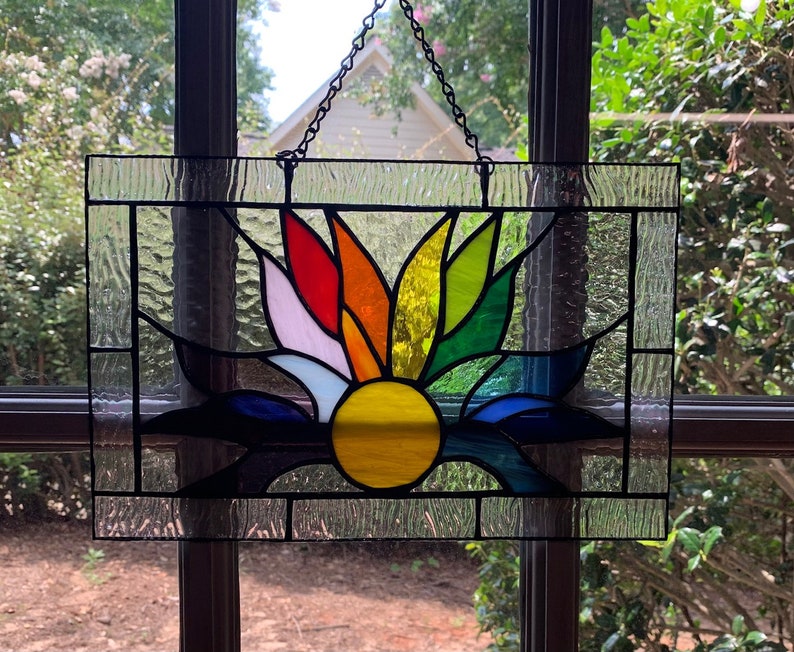 Stained Glass Sunburst Panel Window Hanging Sunset Sunrise - Etsy