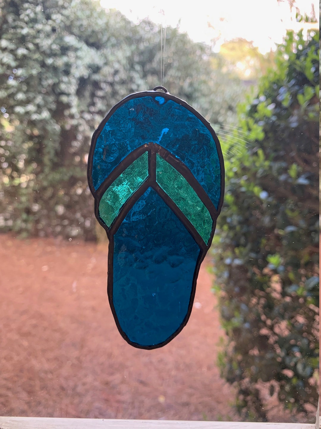 Stained Glass Beach Flip Flop Suncatcher Sandal in Blue and Green - Etsy
