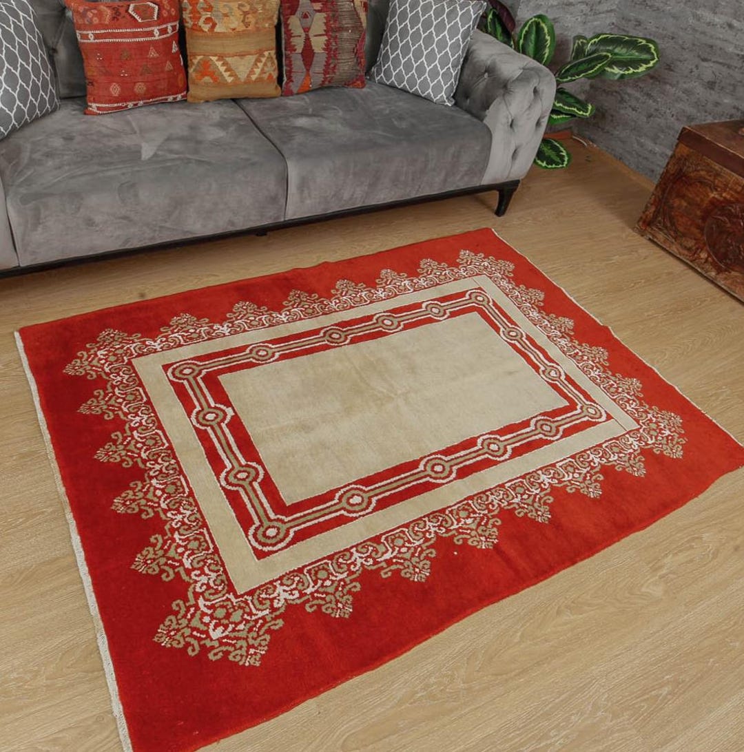 5x6 Square Red Beige Bedroom Rug , Minimal Rug, 4'7" X 6'3" Living Room ...