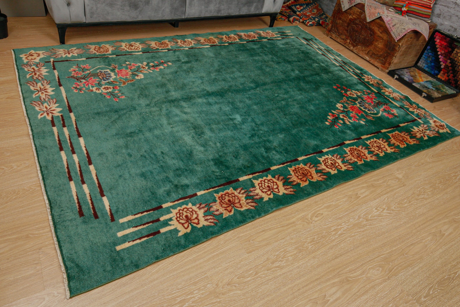 7x10 Green Floral Rug,hand Knotted Rug, Area Rug, 6'11 X 9'8 Antique ...
