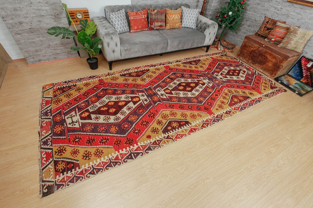 6x12 Geometric Turkish Rug , Colorful Living Room Kilim,5'7 X 12'4 Boho ...