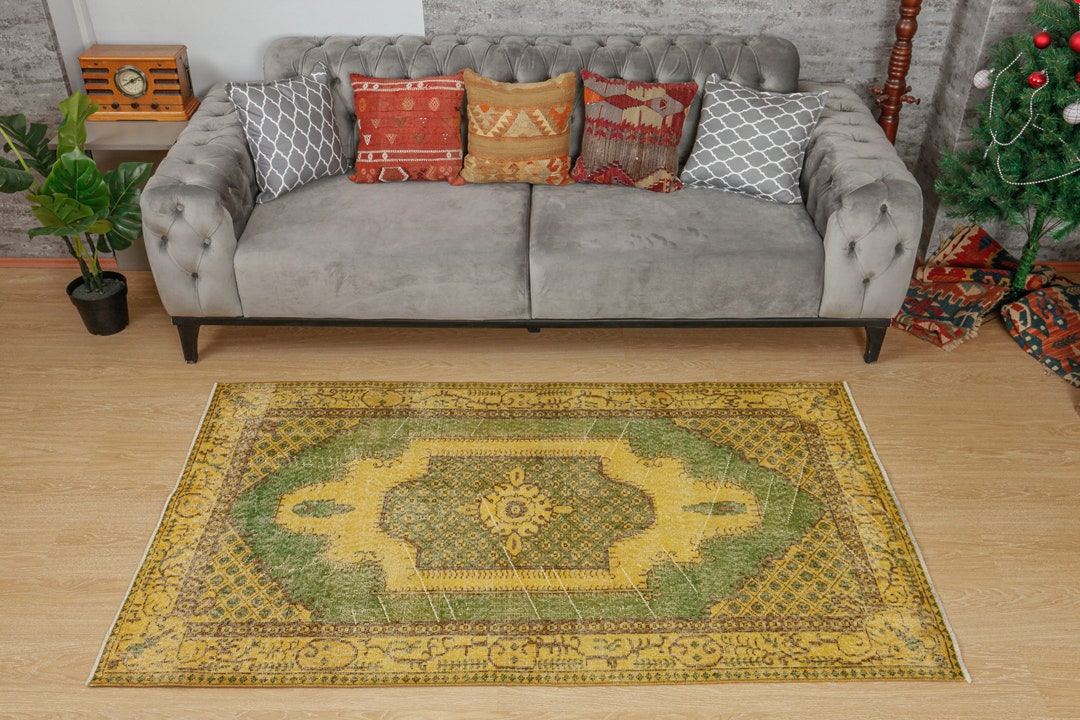 3'8" X 6'5" Green and Yellow Deco Vintage Rug, Faded Boho Deco Rug ...