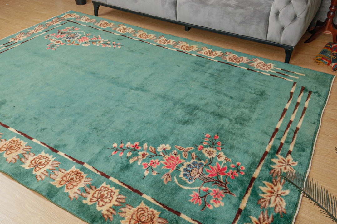 7x10 Green Floral Rug,hand Knotted Rug, Area Rug, 6'11 X 9'8 Antique ...