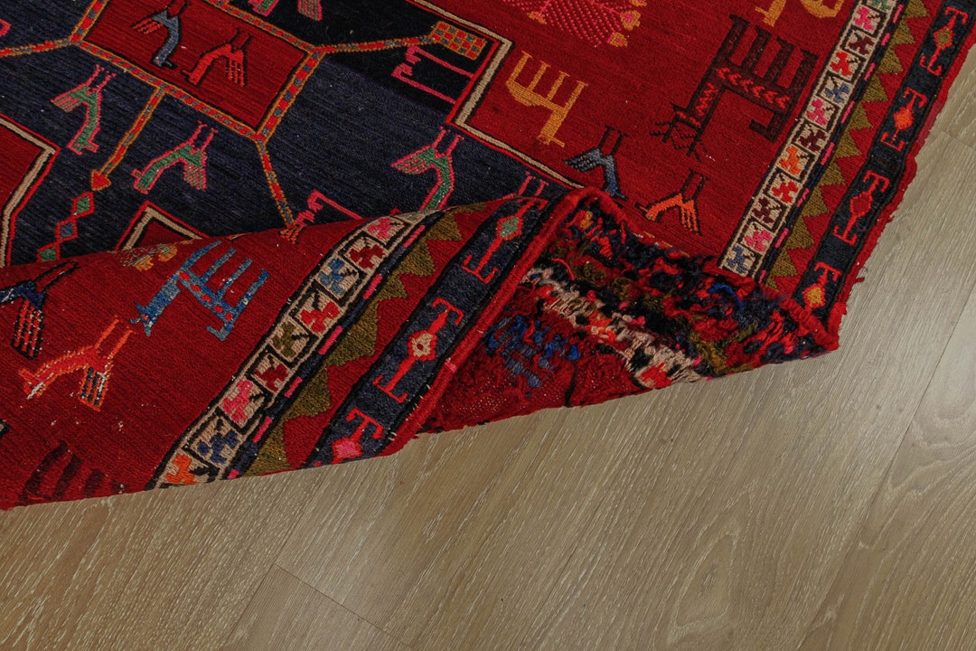 4x9 Sumak Red Nomadic Vintage Rug, 3'8 X 9'4 Abstract Vintage Rug ...