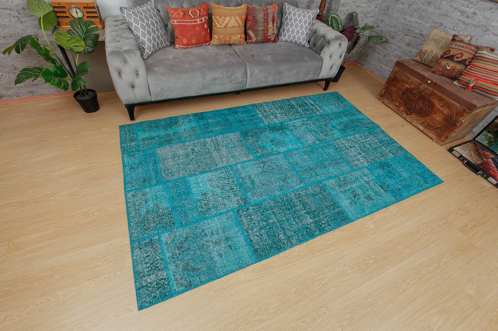 5x8 Shades of Blue Patchwork Rug , Vintage Modern Boho Deco Patchwork ...