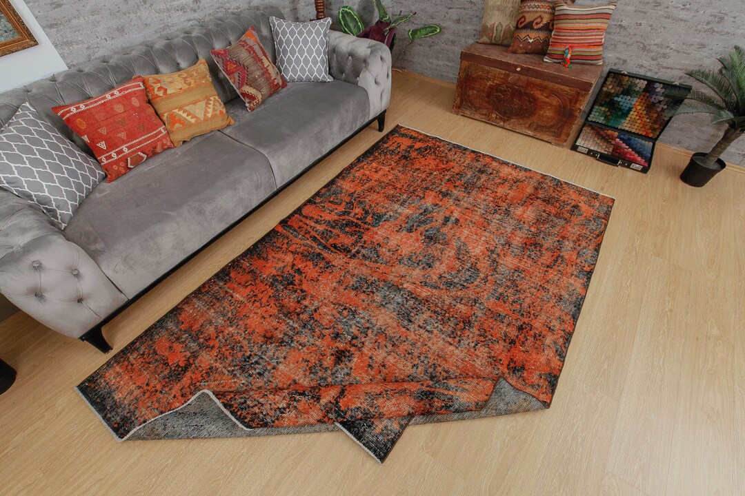 5x8 Modern Black Orange Rug, Vintage Dining Room Rug, 5'3 X 8'4 Living ...