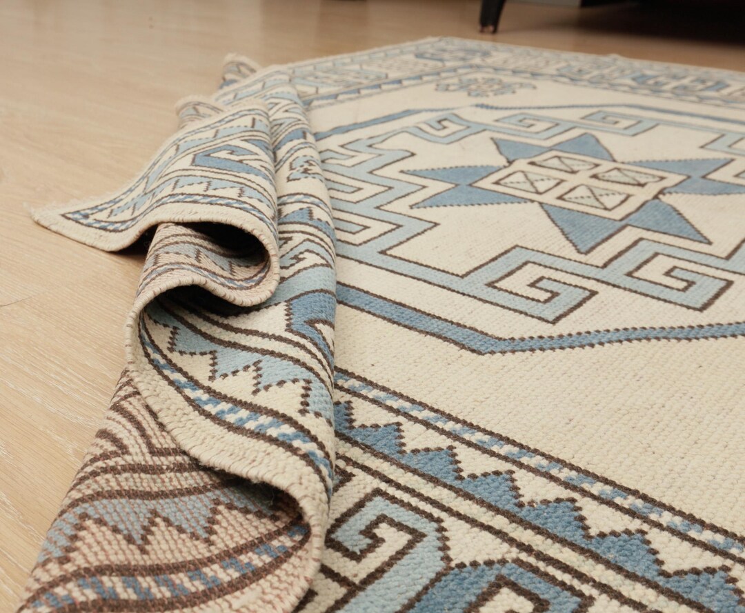 6x7 Beige Blue Bedroom Rug, Geometric Office Rug, 6'4" X 7'2" Living ...