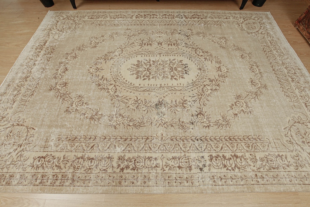 7x9 Rug for Living Room, Hand Knotted Rug, 6'9 X 9'5 Beige Rug, Unique ...
