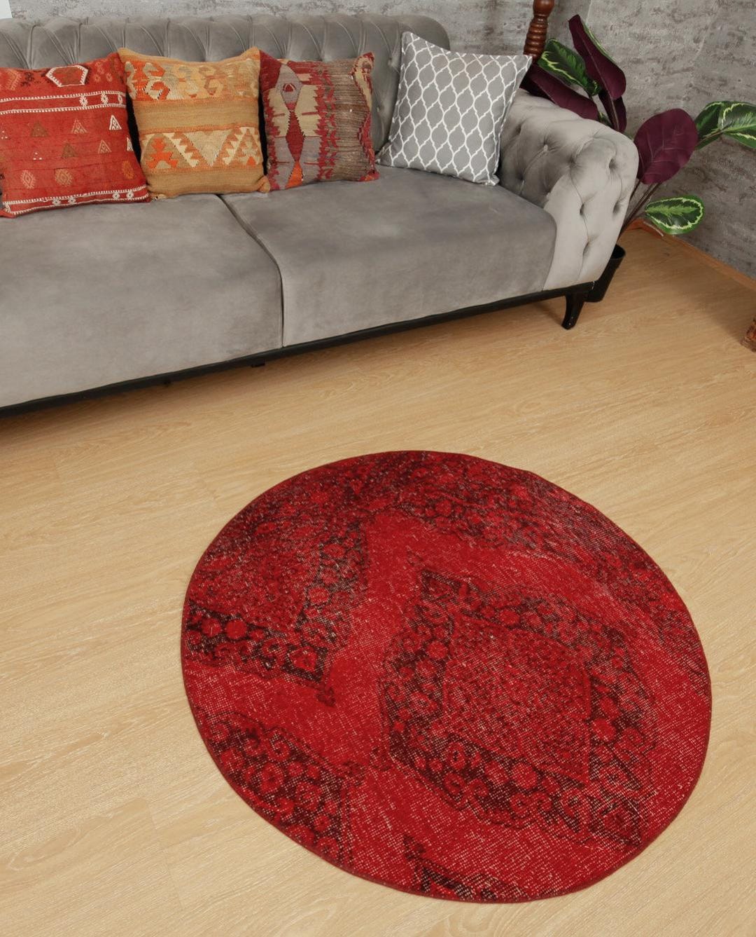 4x4 Red Circle Entryway Rug, Red Round Rug, Retro Bathroom Rug , 3'7" X ...
