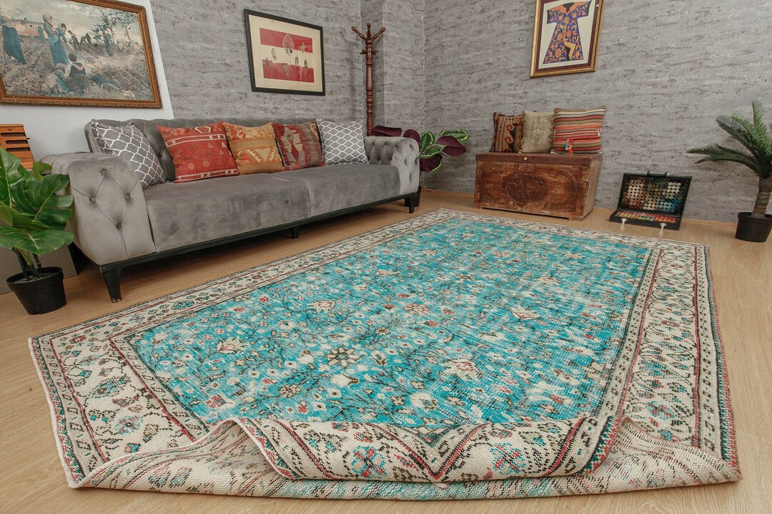 Teal Floral Bedroom Rug 6x9 , Kitchen Rug, Rug for Living Room, 6'5 X 9 ...