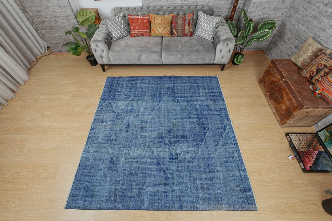 7x7 Square Blue Rug , Simple Pattern Rug, 6'7 X 6'11 Low Pile Handmade ...
