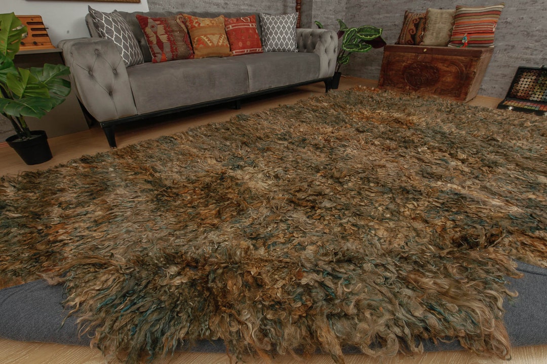 7x11 Nomad Sheep Wool Rug, Green Beige Rug, Area Rug, 7'3 X 10'10 Woven ...
