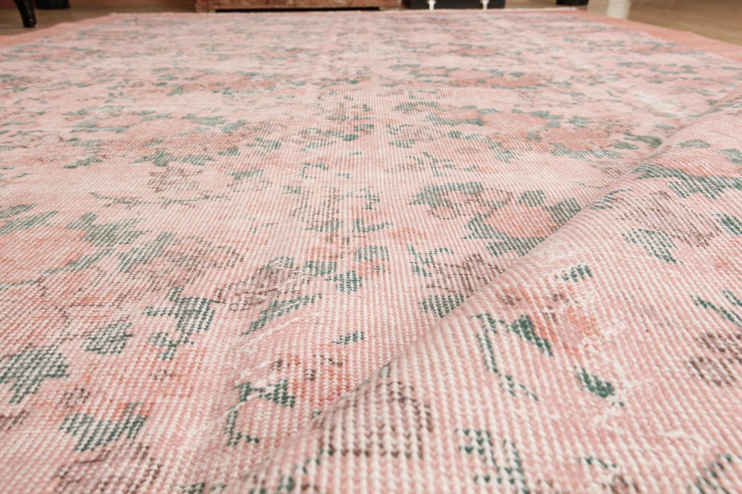Pastel Pink Floral Handmade Living Room Rug, 6'8