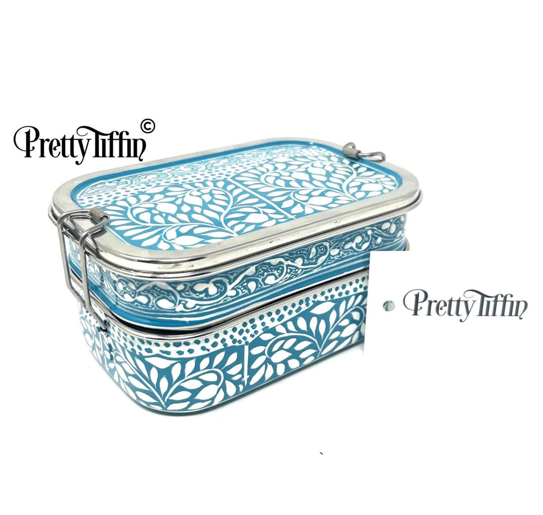 Hand Painted Bento Box, Stainless Steel Bento Box in Teal, Nesting ...