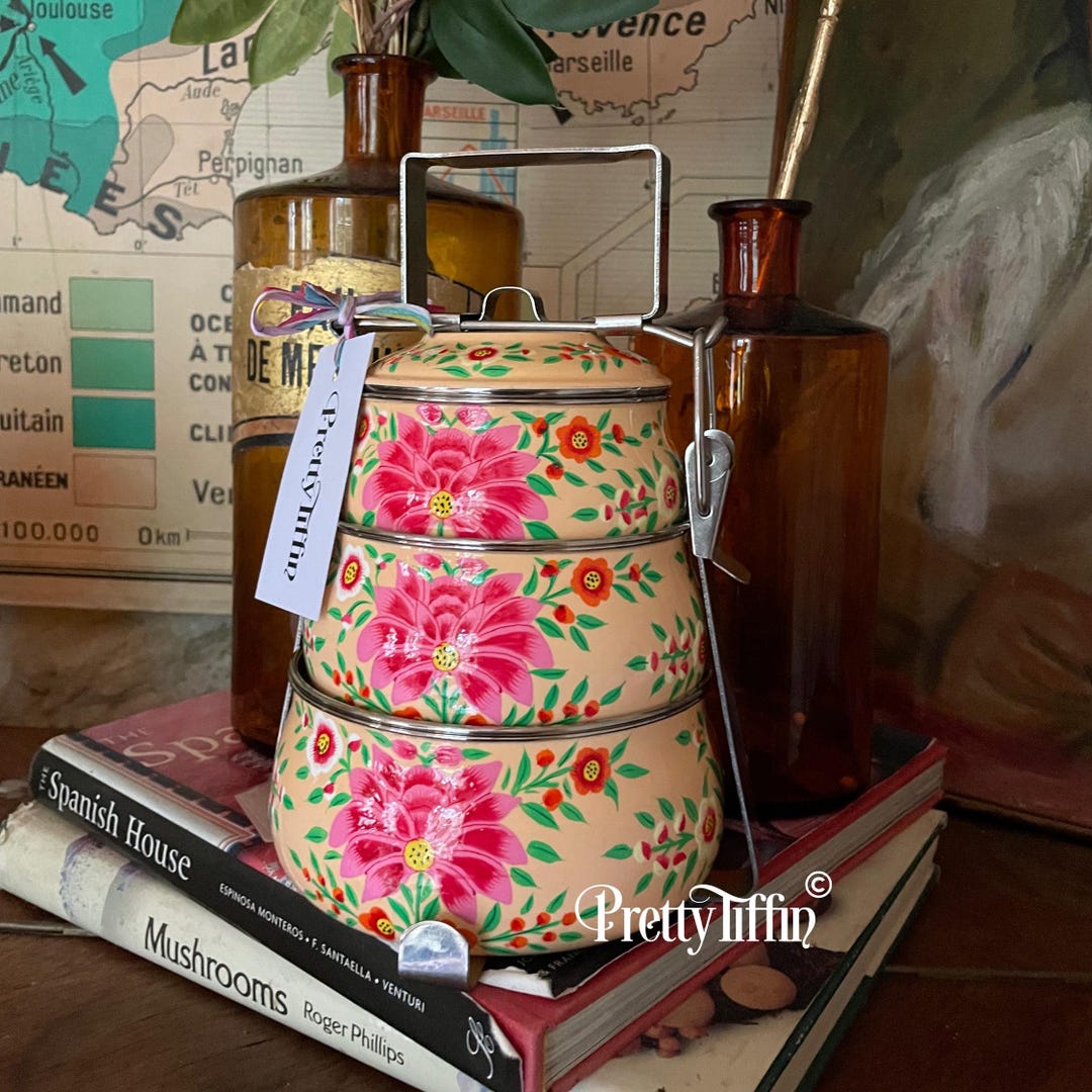 A Pretty Hand Painted Traditional Tiffin Tin With Pink Peony Flowers in ...