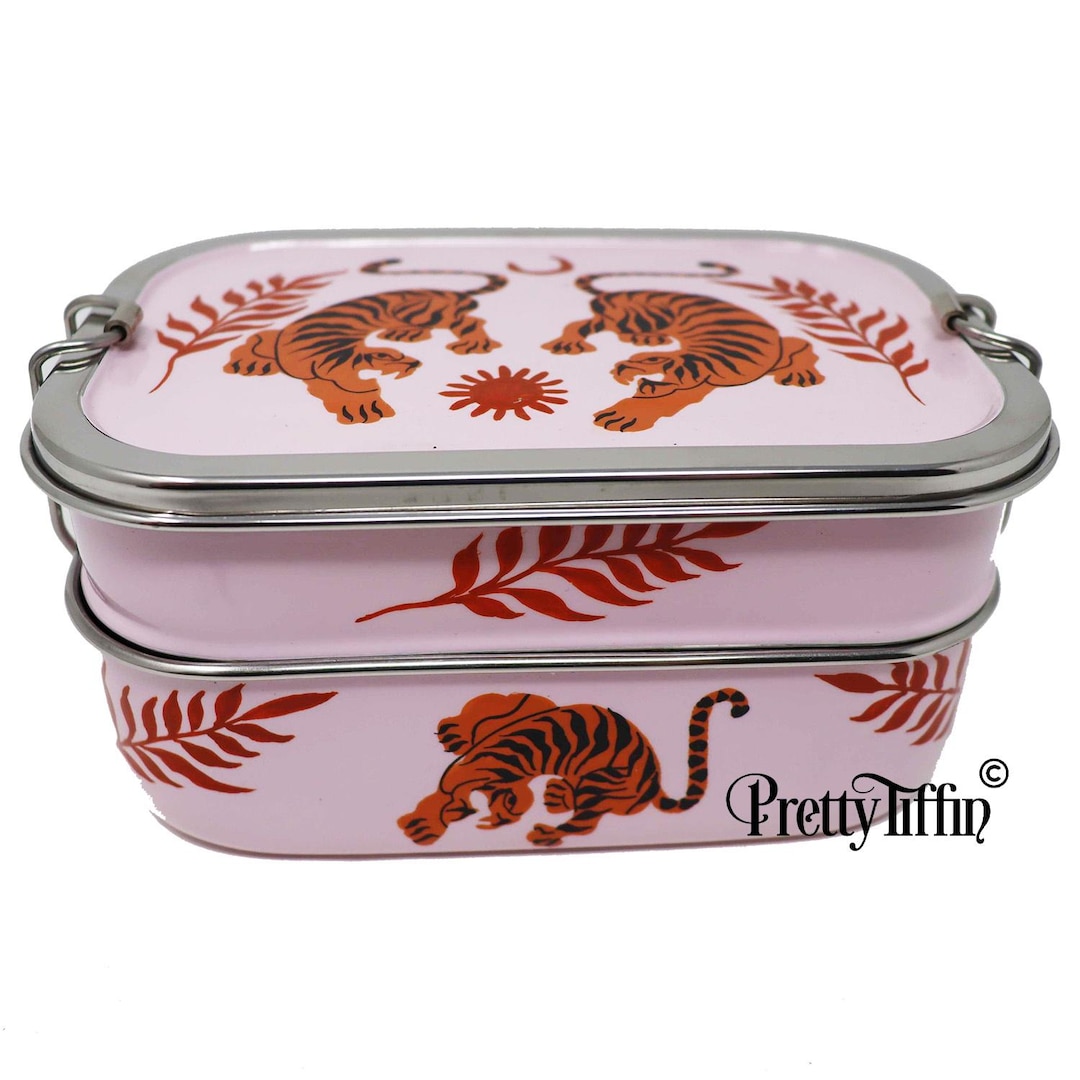Tiger Motif Hand Painted Bento Box in Pink, Two Compartment Lunchbox ...