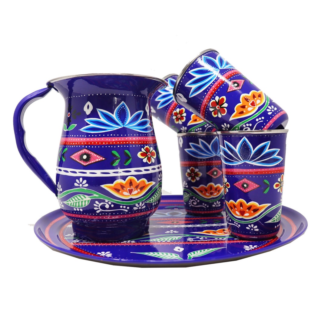 Hand Painted Pakistani Truck Art Pitcher and Tumbler Set, Jug Picnic ...