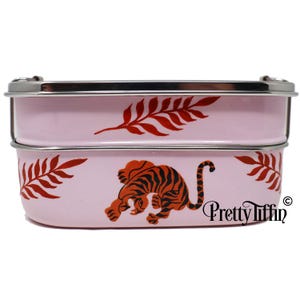 Tiger Motif Hand Painted Bento Box in Pink, Two Compartment Lunchbox ...
