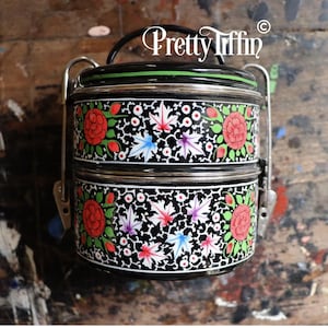Indian Tiffin Steel Lunchbox Hand Painted Two Compartments, Traditional ...