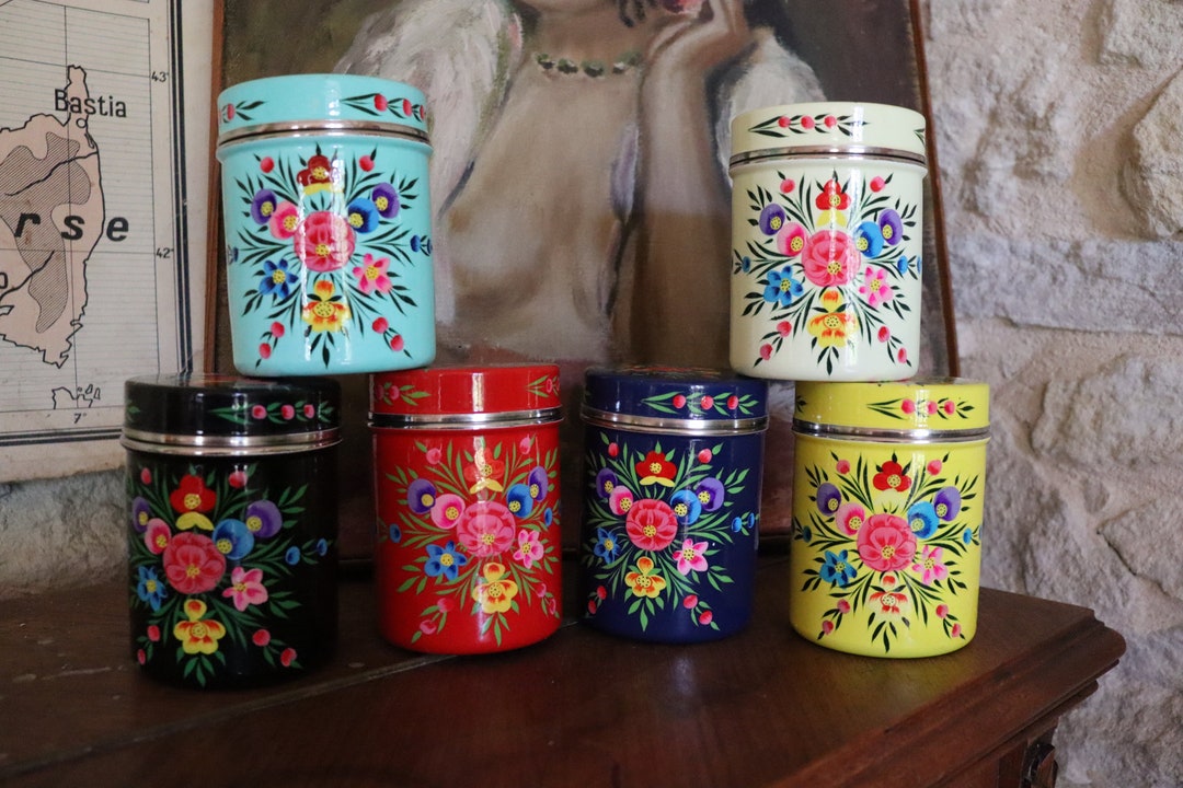 Medium Single Canister Tin, Storage Tin, Hand Painted Kitchen Canister ...