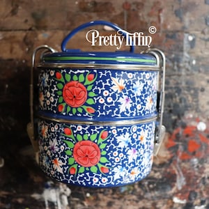Indian Tiffin Steel Lunchbox Hand Painted Two Compartments, Traditional ...