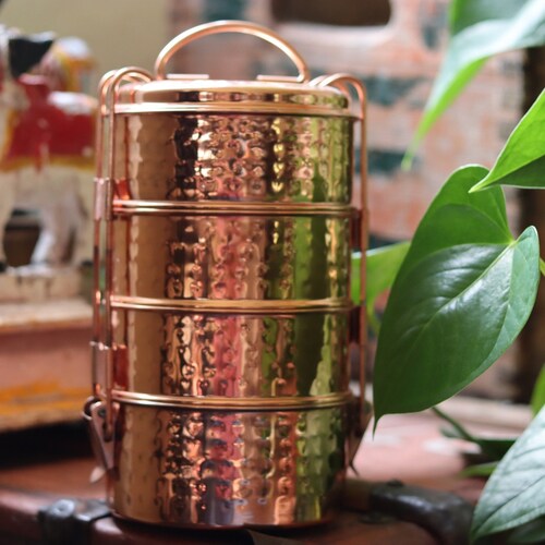 Copper Hammered Traditional Indian Tiffin Lunchbox 4 - Etsy