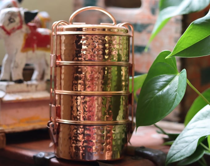 Copper Hammered Traditional Indian Tiffin Lunchbox, 4 Compartment ...