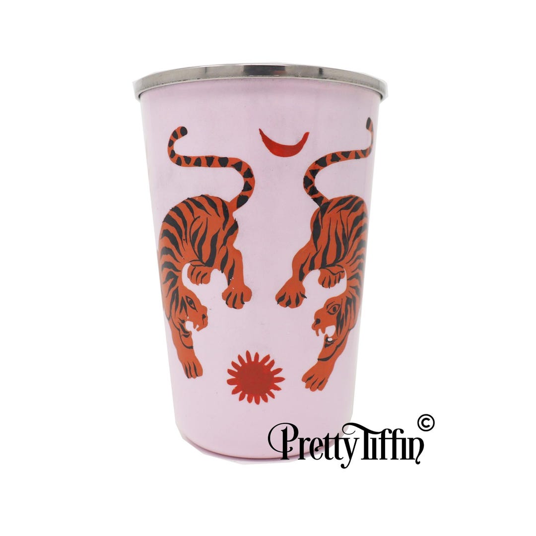 Tiger Motif Hand Painted Stainless Steel Tumbler Metal Cup in Pink ...