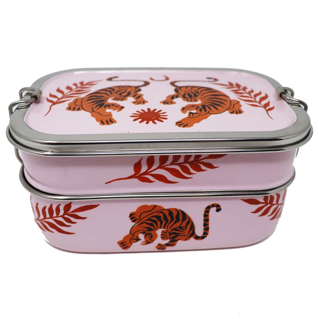 Tiger Motif Hand Painted Bento Box in Pink, Two Compartment Lunchbox ...