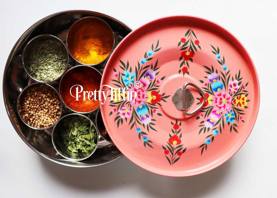 Hand Painted Masala Dabba: Indian Spice Box With Steel Pots - Etsy