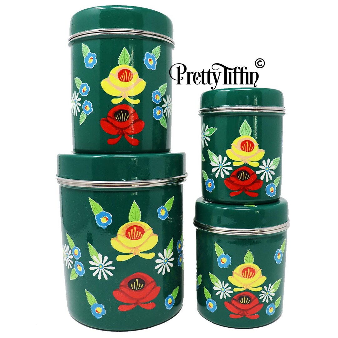 Hand Painted Tea Coffee Sugar Tins, Canister Set of Four, Kitchen ...
