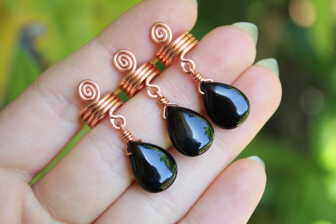 Black Onyx & Copper Loc Jewelry, Crystal Dreadlock Coils, Tear Drop ...