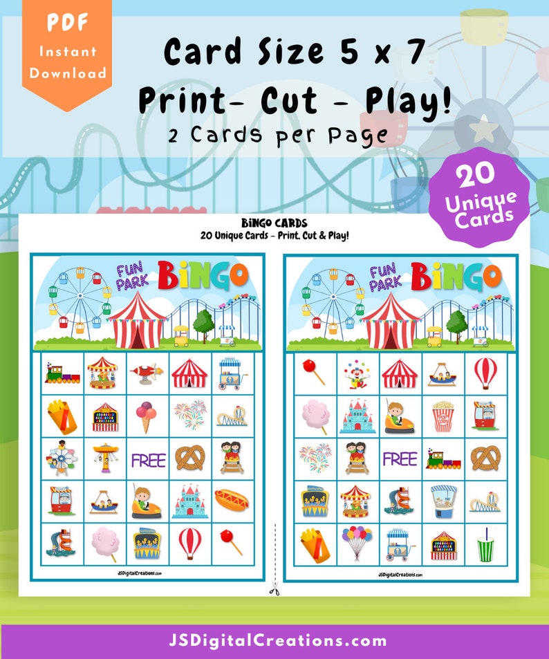 Fun Park Bingo and Match Game | Theme Park Bingo | Kid's Party Game ...