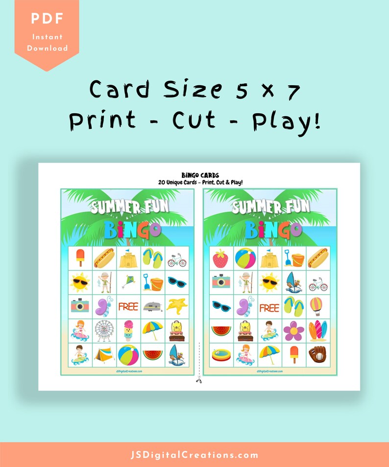 Summer Fun Bingo | Kids Party Game | Family Activity | 20 Unique Cards ...