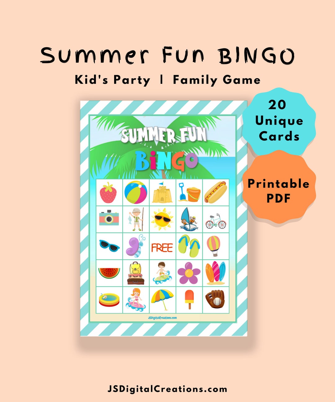 Summer Fun Bingo | Kids Party Game | Family Activity | 20 Unique Cards ...