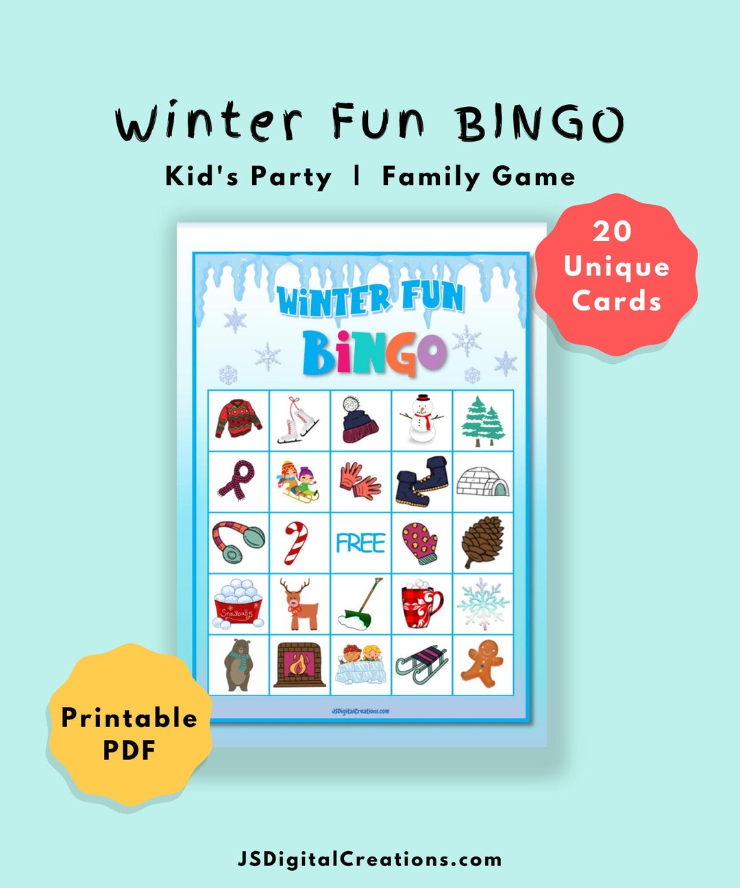 Winter Fun Bingo | Kid's Party Game | Family Activity | 20 Unique Bingo ...