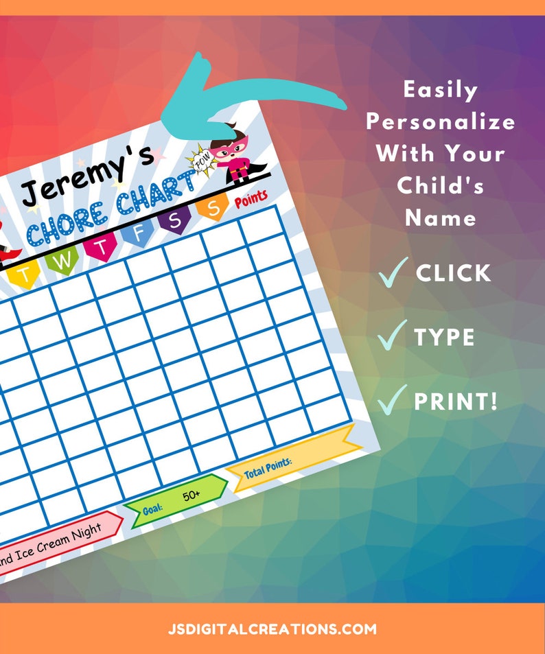 Personalized Super Hero Chore Chart Printable Instant | Etsy