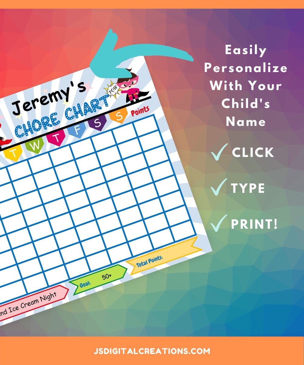 Personalized Super Hero Chore Chart Printable Instant | Etsy