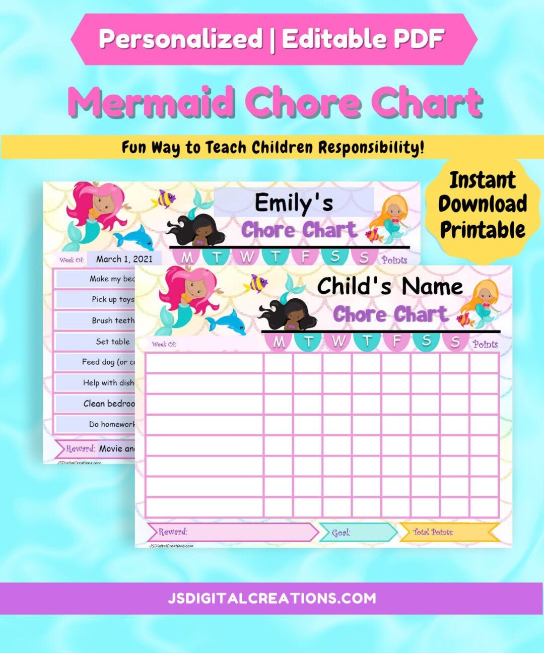 Personalized Mermaid Chore Chart | Instant Download | Printable Chore ...