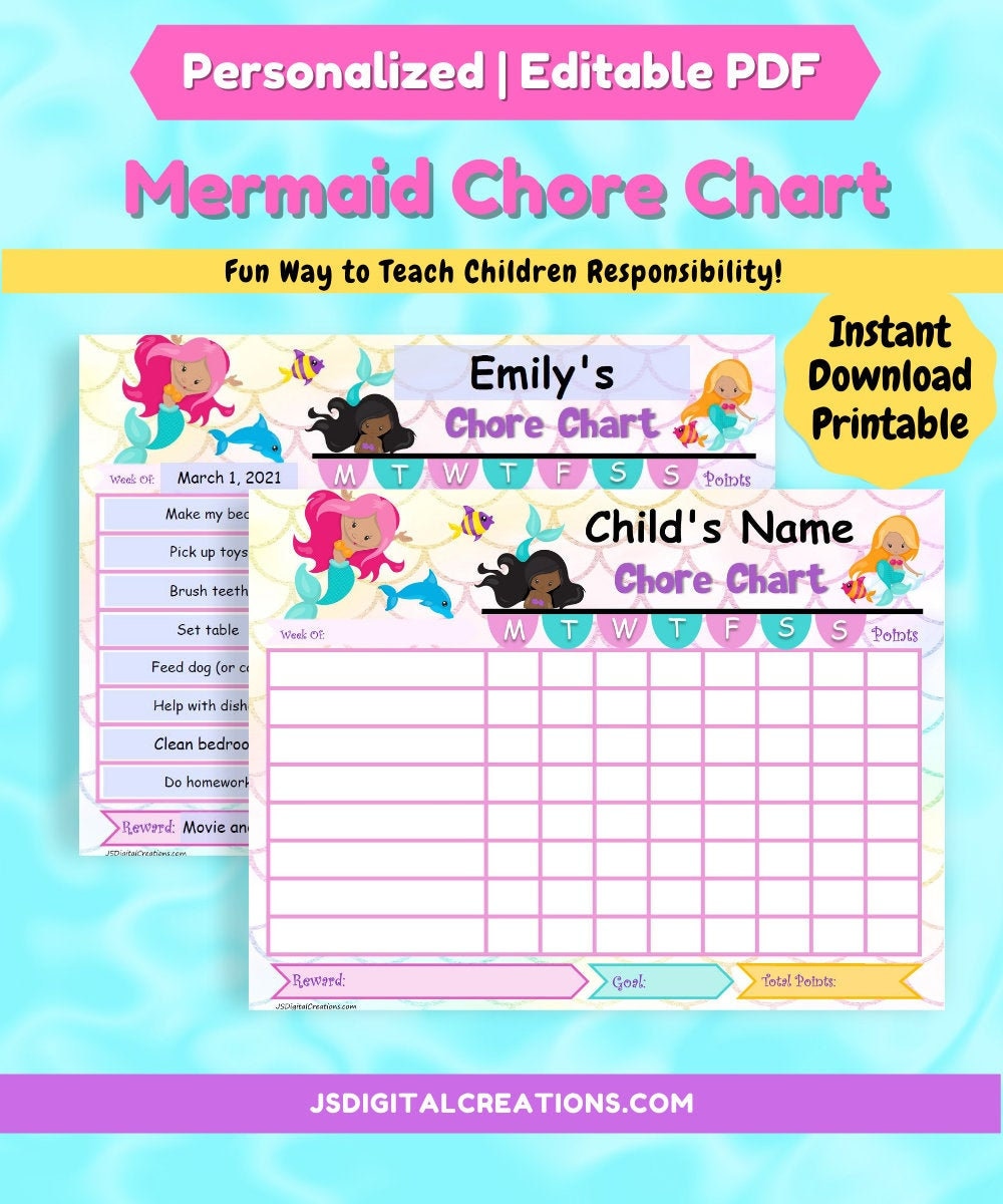 Personalized Mermaid Chore Chart | Instant Download | Printable Chore ...