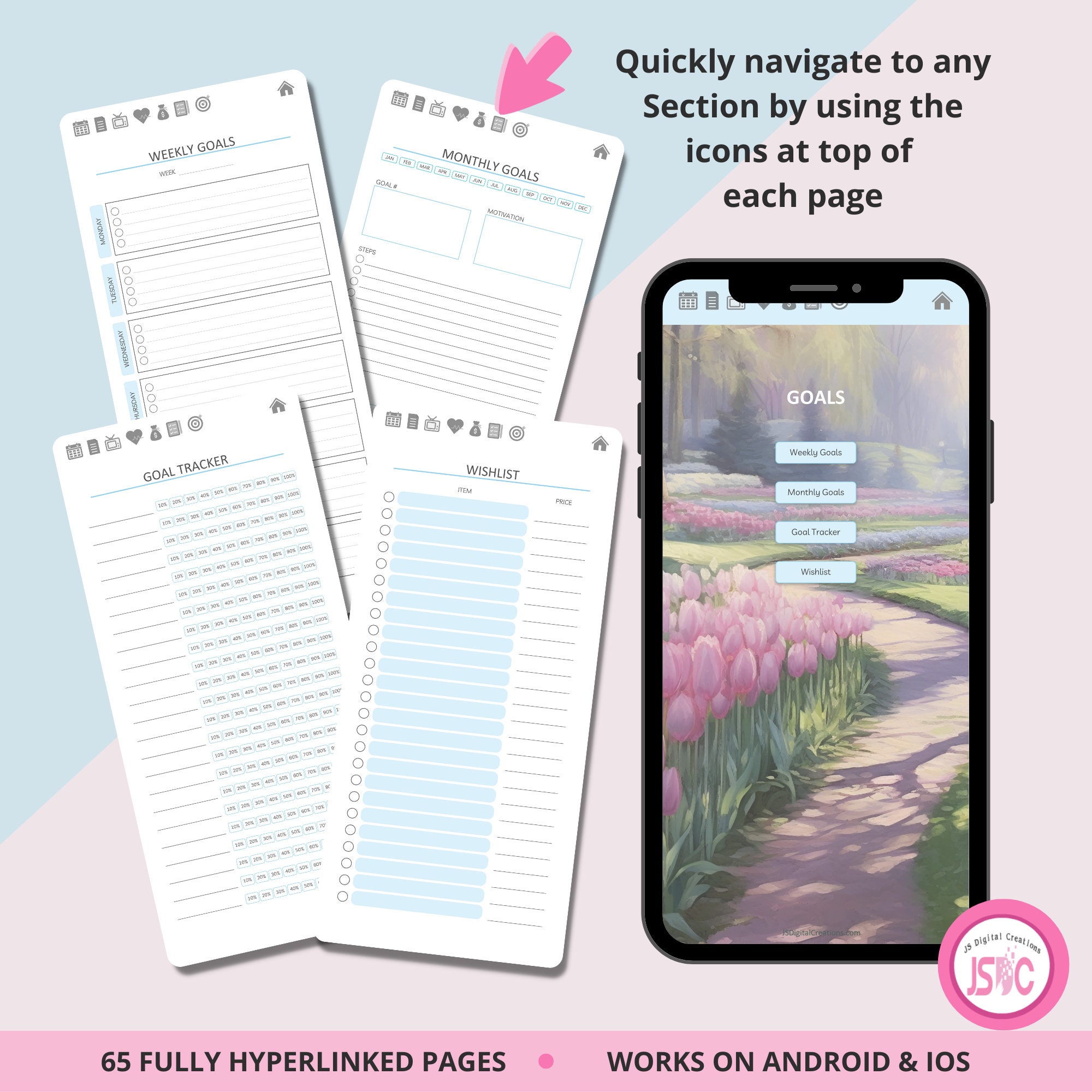 Smartphone Digital Life Organizer–tulip Garden | 65 Hyperlinked Pages ...