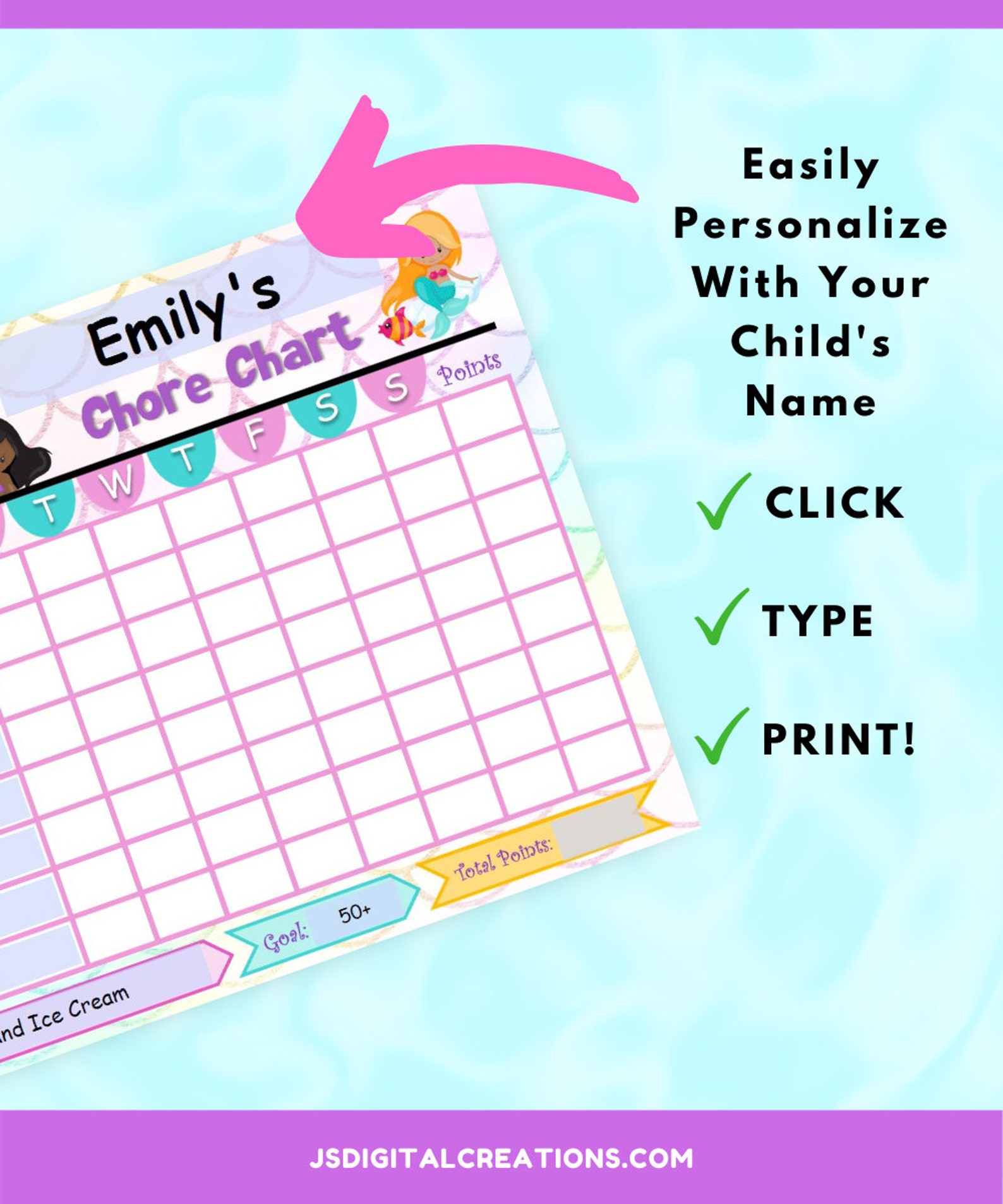 Personalized Mermaid Chore Chart | Instant Download | Printable Chore ...