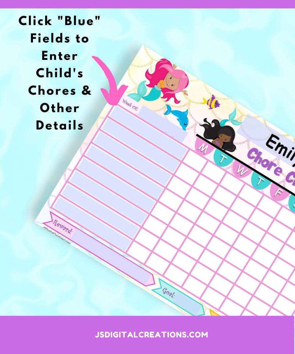 Personalized Mermaid Chore Chart | Instant Download | Printable Chore ...
