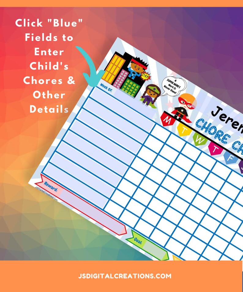 Personalized Super Hero Chore Chart Printable Instant - Etsy