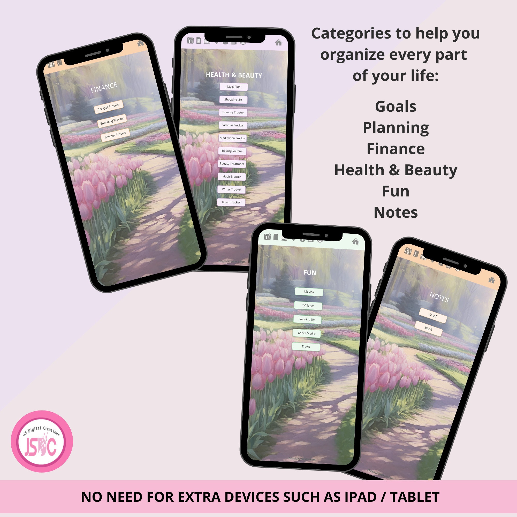 Smartphone Digital Life Organizer–tulip Garden | 65 Hyperlinked Pages ...