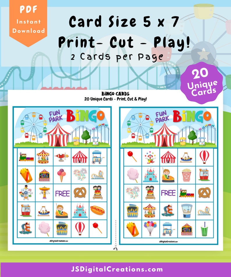 Fun Park Bingo and Match Game Theme Park Bingo Kid's | Etsy