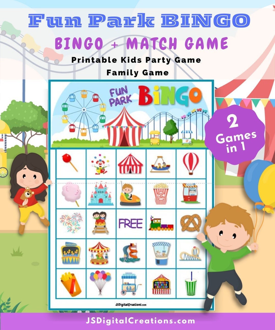 Fun Park Bingo and Match Game | Theme Park Bingo | Kid's Party Game ...