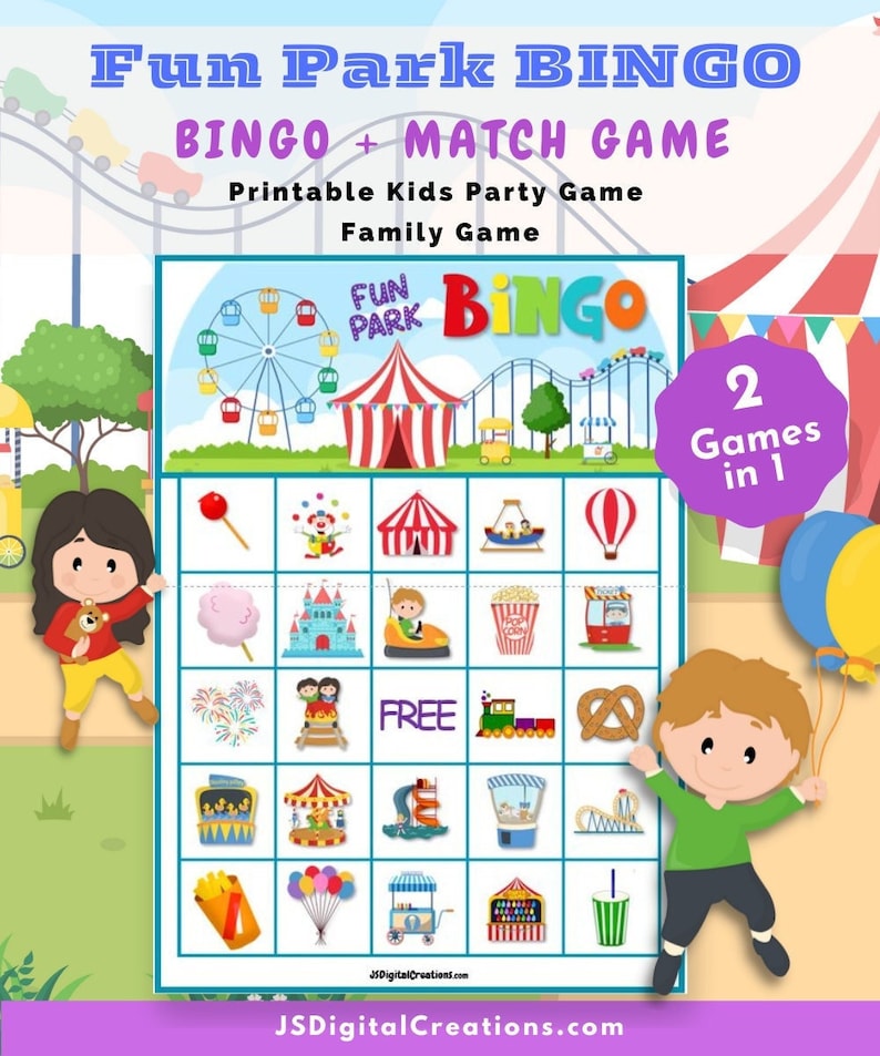 Fun Park Bingo and Match Game | Theme Park Bingo | Kid's Party Game ...