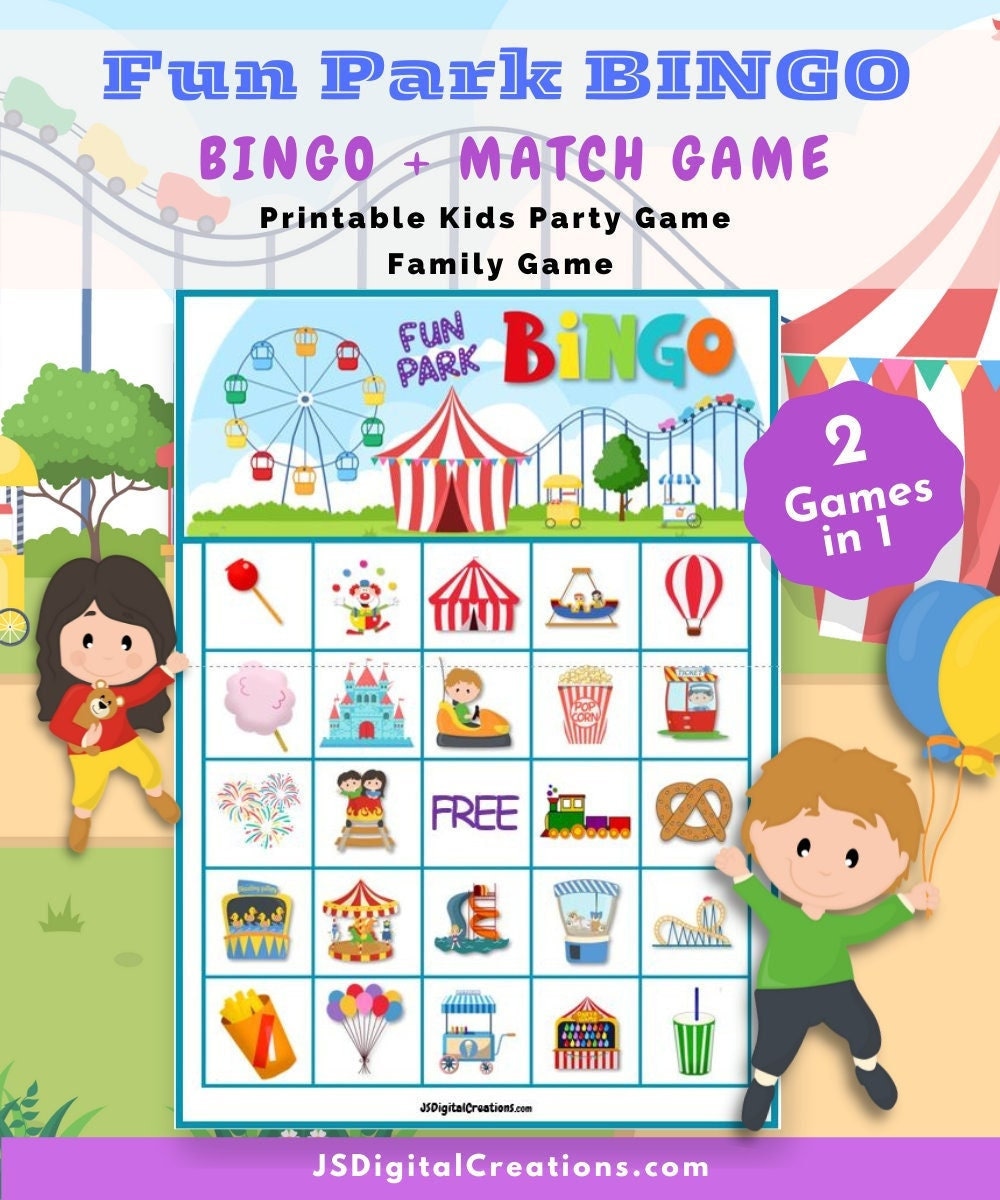Fun Park Bingo and Match Game | Theme Park Bingo | Kid's Party Game ...