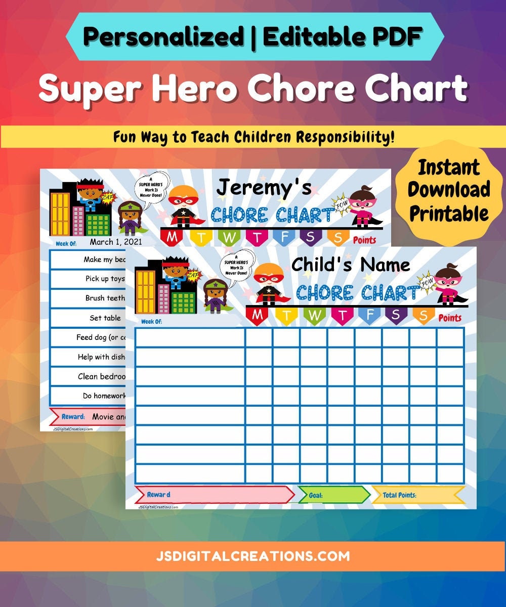 Personalized Super Hero Chore Chart Printable | Instant Download ...